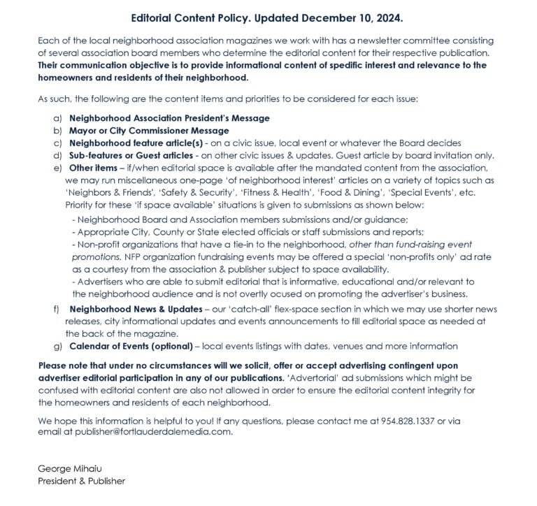Editorial Policy Guidelines – Fort Lauderdale Media Associates, Inc.